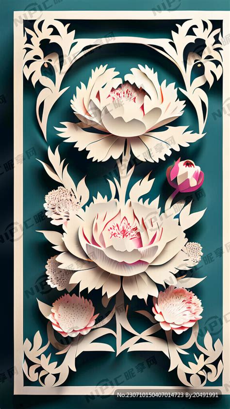 Ai创作图长方形无框剪纸多朵牡丹镂空藤蔓花矢量图 昵图网
