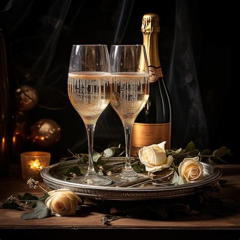 Premium Photo Champagne Bottle And Two Glasses On A Black Background