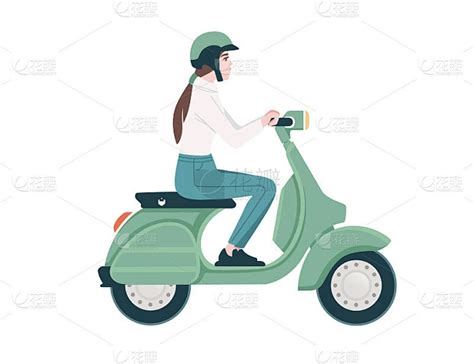 女人骑绿色复古滑板车卡通人物设计平面矢量插图孤立在白色背景的侧视图素材 花瓣网