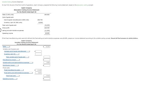 Solved Variable Costing Income Statement On April 30 The