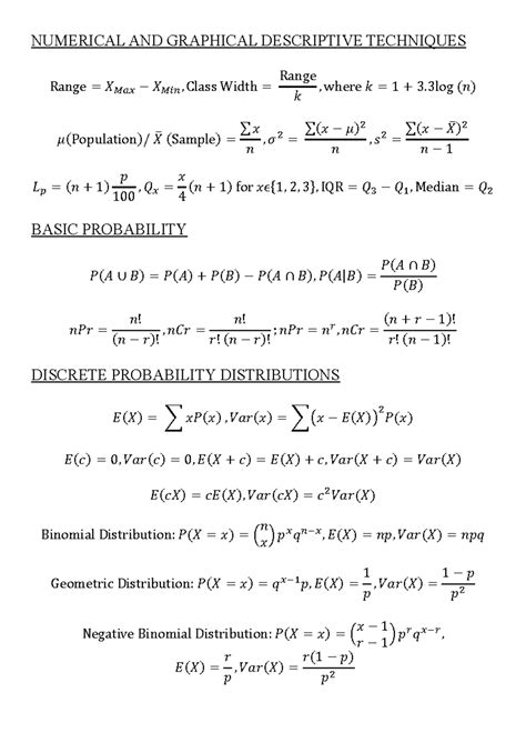 Statistical Formulae And Tables 1 Numerical And Graphical Descriptive