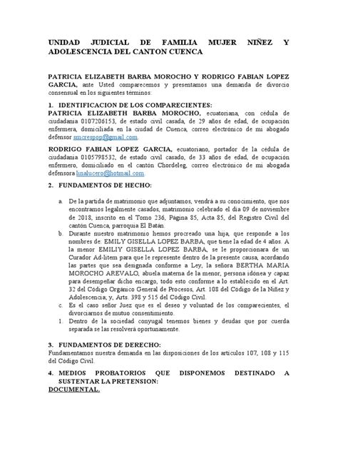 Demanda Divorcio Mutuo Acuerdo 1 Pdf Divorcio Pensión Alimenticia