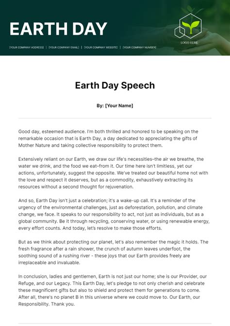 Free Earth Day Speech Template To Edit Online