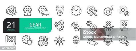 기어 라인 아이콘 세트 기어 장비 엔진 설정 엔지니어링 산업 기계 부품 기술 수리 도구 건설 등과 같은 아이콘이 포함되어 있습니다 개발에 대한 스톡 벡터 아트 및 기타