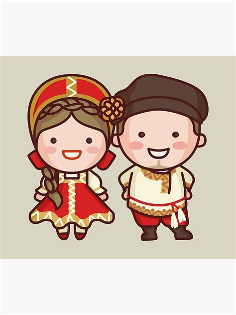 Kawaii Cute Traditional Russian Wedding Couple Cartoon Art Print For