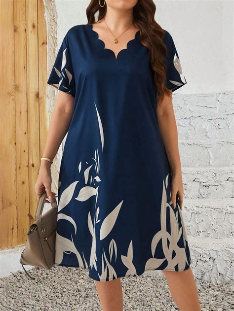 Vestido De Talla Grande Con Estampado Botánico Y Cuello Con Borde De Concha Women Dresses