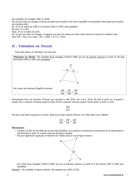 Théorème de Thalès et théorèmes des milieux Cours PDF à imprimer Maths ème