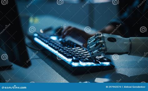 Close Up On Hands Programmer With Disability Using Prosthetic Arm To