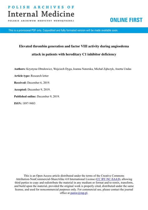 Pdf Elevated Thrombin Generation And Factor Viii Activity During Angioedema Attack In Patients