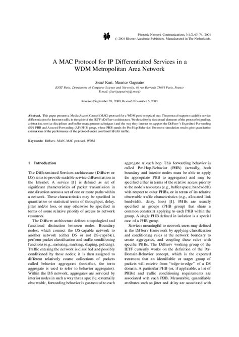 Pdf A Mac Protocol For Ip Differentiated Services In A Wdm Metropolitan Area Network