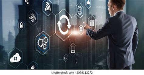 31 Businessman Touching Icon Update Software Application Hardware Upgrade Technology Concept