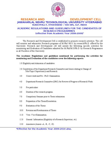 Jntu Phd 2008 2010 Guidelines Pdf Thesis Doctor Of Philosophy