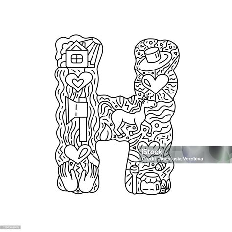 알파벳 편지 H 색칠 흰색 배경에 고립 된 귀여운 물건 집 심장 손 모자 말 꿀 낙서 스타일 벡터 그림입니다 0명에 대한 스톡 벡터 아트 및 기타 이미지 Istock