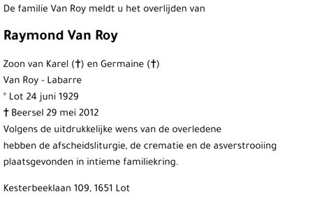 Avis De Décès De Raymond Van Roy Décédé Le 29 05 2012 à Beersel Annonce Condoléances Fleurs