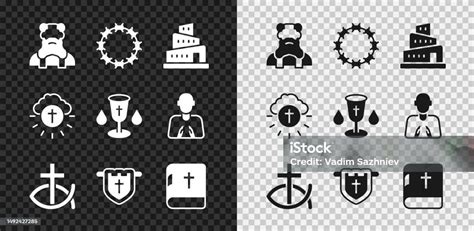 사제 가시 면류관 바벨탑 성경 이야기 기독교 물고기 기독교 십자가가 있는 깃발 거룩한 책 원과 성배 아이콘의 종교를 설정합니다 벡터 가시에 대한 스톡 벡터 아트 및 기타