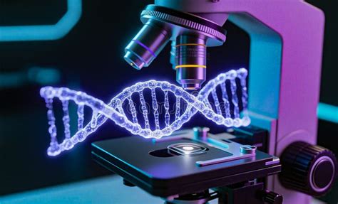 Modern Microscope With Glowing Dna Strand In Lab Setting Stock Illustration Illustration Of