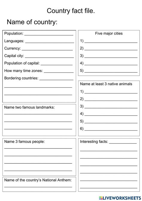 Country Fact File Worksheet Country Facts Country English As A Second Language Esl