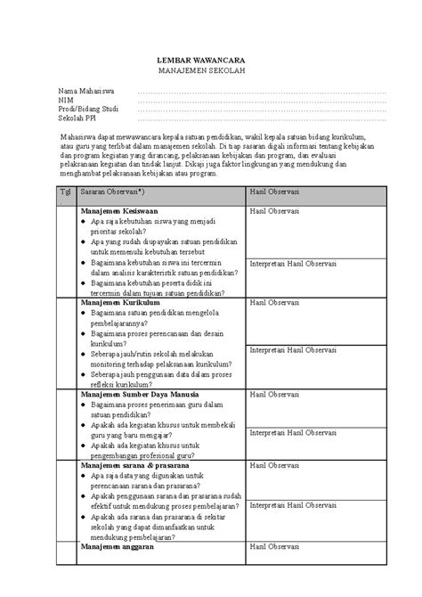Lampiran Contoh Format Lembar Observasi Manajemen Sekolah Lampiran