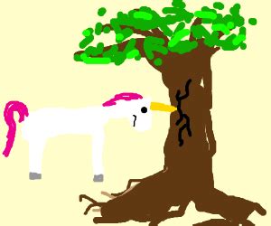 Unicorn Gets Its Horn Stuck In A Tree Drawception