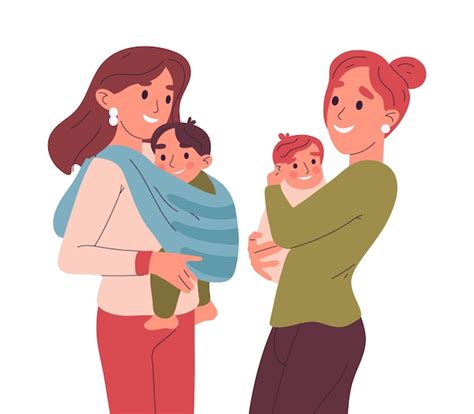 Deux Mères Avec Des Bébés Mamans Portant Des Enfants Dans Les Bras Aimant Les Mamans Et Les Tout