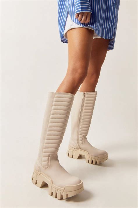 Faux Leather Chunky Knee High Boots Boohoo Uk