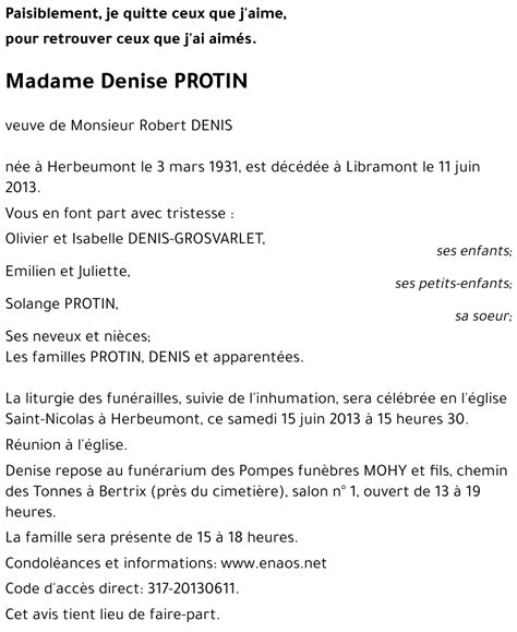 Avis De Décès De Denise Protin Décédé Le 11 06 2013 à Libramont Chevigny Annonce Condoléances