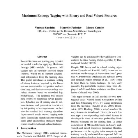 Maximum Entropy Tagging With Binary And Real Valued Features Acl Anthology
