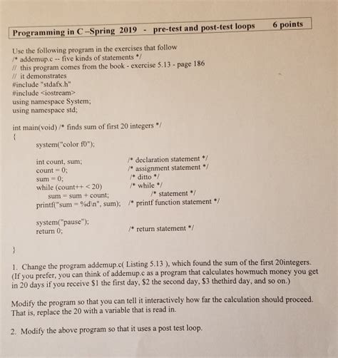 Solved Programm Ning In C Spring 2019 Pre Testand Post Test Chegg