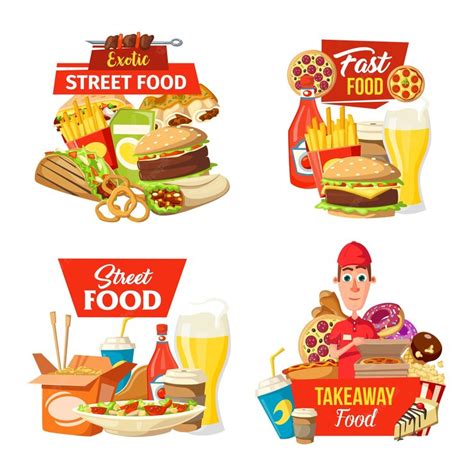 Premium Vector Street Fast Food Delivery Icons And Deliveryman