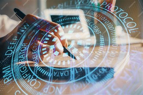 Premium Photo Multi Exposure Of Womans Hands On Background With Technology And Digital Coding