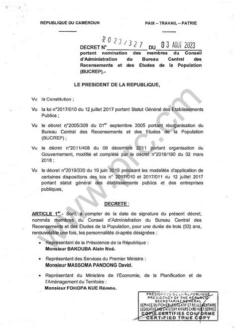 Décret N°2023327 Du 03 Août 2023 Portant Nomination Des Membres Du