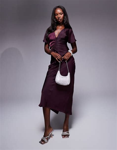 Asos Design Robe Mi Longue En Satin à Fronces Baie Asos