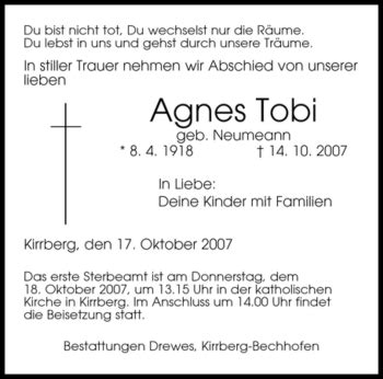Traueranzeigen Von Agnes Tobi Saarbruecker Zeitung Trauer De