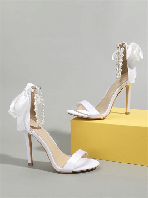 Satin Faux Pearls And Bow Decor Ankle Strap Sandals Wedding Shoes Bow