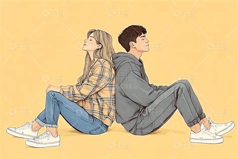 情侣ai数字艺术 情侣简约卡通风成年男女背靠背坐地闭眼享受宁静场景插画 Ai插画免费下载 Png格式 4032像素 编号71720190 千图网