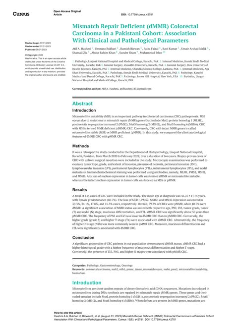 Pdf Mismatch Repair Deficient Dmmr Colorectal Carcinoma In A