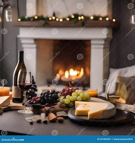 A Cozy Fireplace With Two Wine Glasses And A Cheese Platter On A Table4