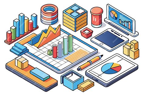 Isometric Illustration Of Various Data And Technology Elements Including Charts Graphs Computers