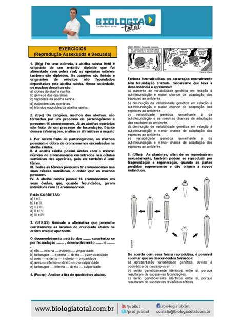 Exercicios Reproducao Assexuada Sexuada Pdf Pdf Fertilização