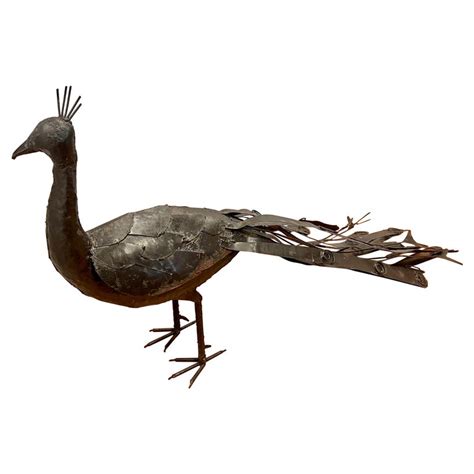 Rare Mid Century Handcrafted Life Size Cast Metal Peacock Sculpture For