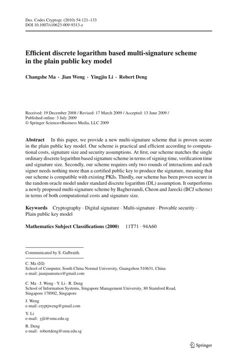 Pdf Efficient Discrete Logarithm Based Multi Signature Scheme In The Plain Public Key Model