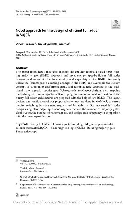 Novel Approach For The Design Of Efficient Full Adder In MQCA Request PDF
