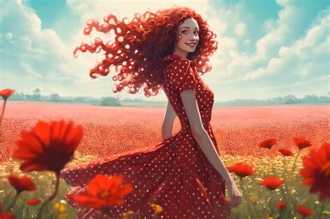Premium Photo Beautiful Woman In Red Dress Standing In Poppy Field