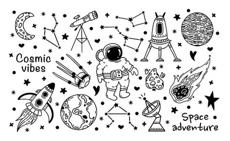 우주 공간 벡터 낙서 세트 우주 비행사 로켓 망원경 비행 혜성 운석 태양계의 행성 위성 달 별자리 별 은하계 우주 Astronomy 고립 클립 아트 개체 그룹에 대한 스톡
