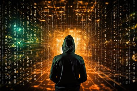 A Hacker In A Hoodie Standing In Front Of A Glowing Matrix Background