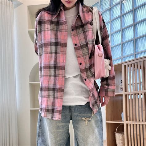 여리여리한 핑크 파스텔 오버핏 루즈핏 롱 체크 남방 에이블리