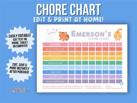 Editable Printable Chore Chart Girls Chore Chart Daily Etsy
