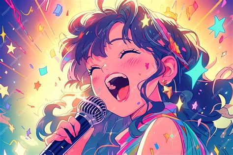 Premium Photo Cute Cheerful Anime Girl Singing On Stage Into A