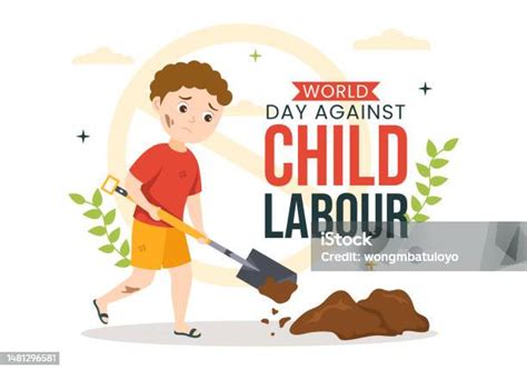아동 노동에 반대하는 세계 일 캠페인 템플릿을 위해 손으로 그린 평평한 어린이 만화에서 삶의 필수품을 위해 일하는 아이들과 함께 일러스트레이션 디자인에 대한 스톡 벡터 아트