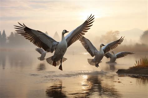 Flock Of Geese Taking Flight From A Tranquil Pond Generative AI Stock